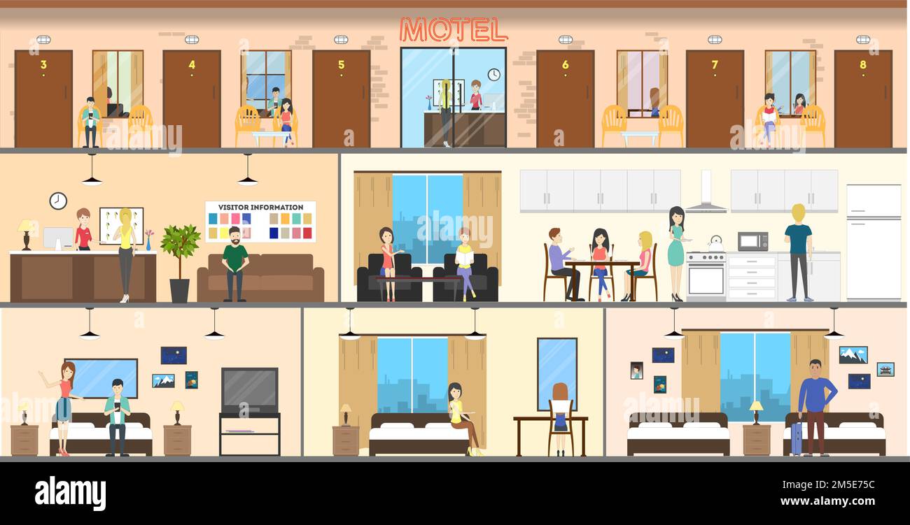 Motel interior set. Guest room, reception and berdrooms.Staff and ...