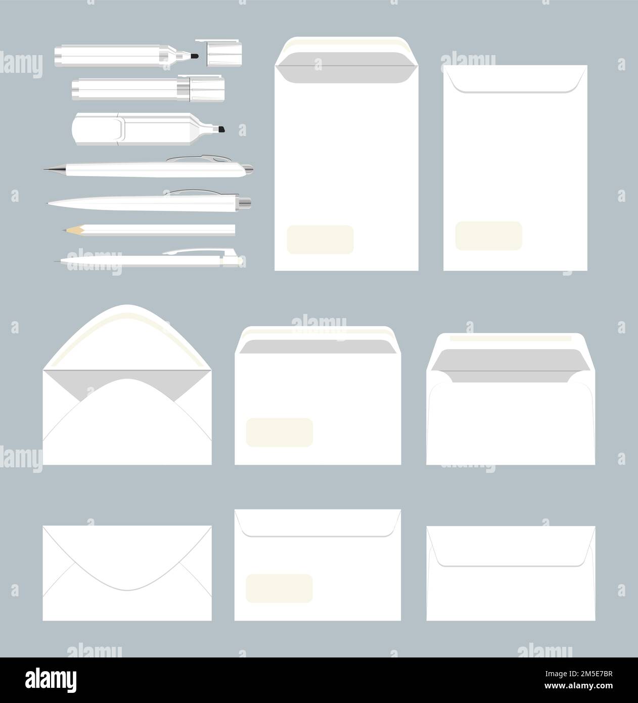 White stationary set. Envelopes and blanks and documents. Office papers ...