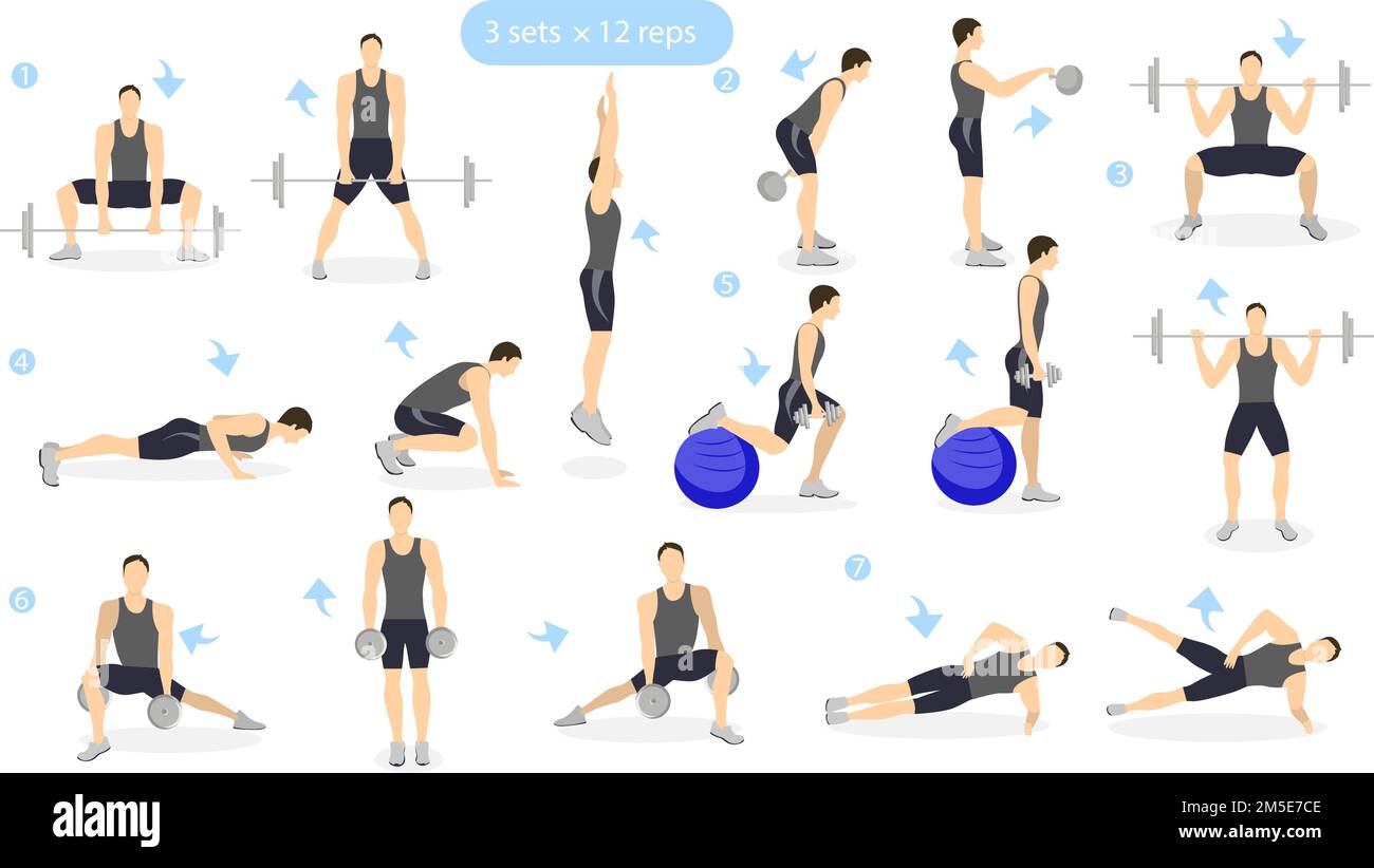 Leg workout set on white background. Man showing exercises. Cardio and ...