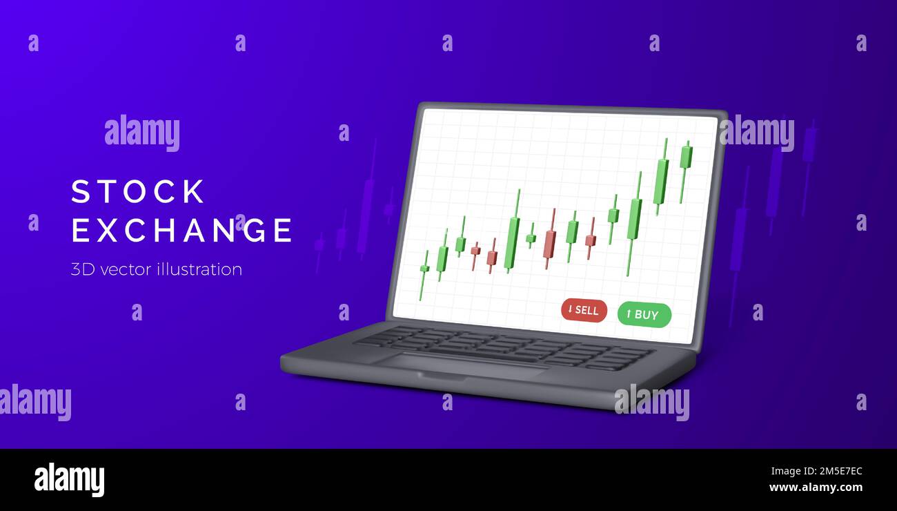 3D stock exchange scene with laptop. Candlestick chart and buy and sell ...