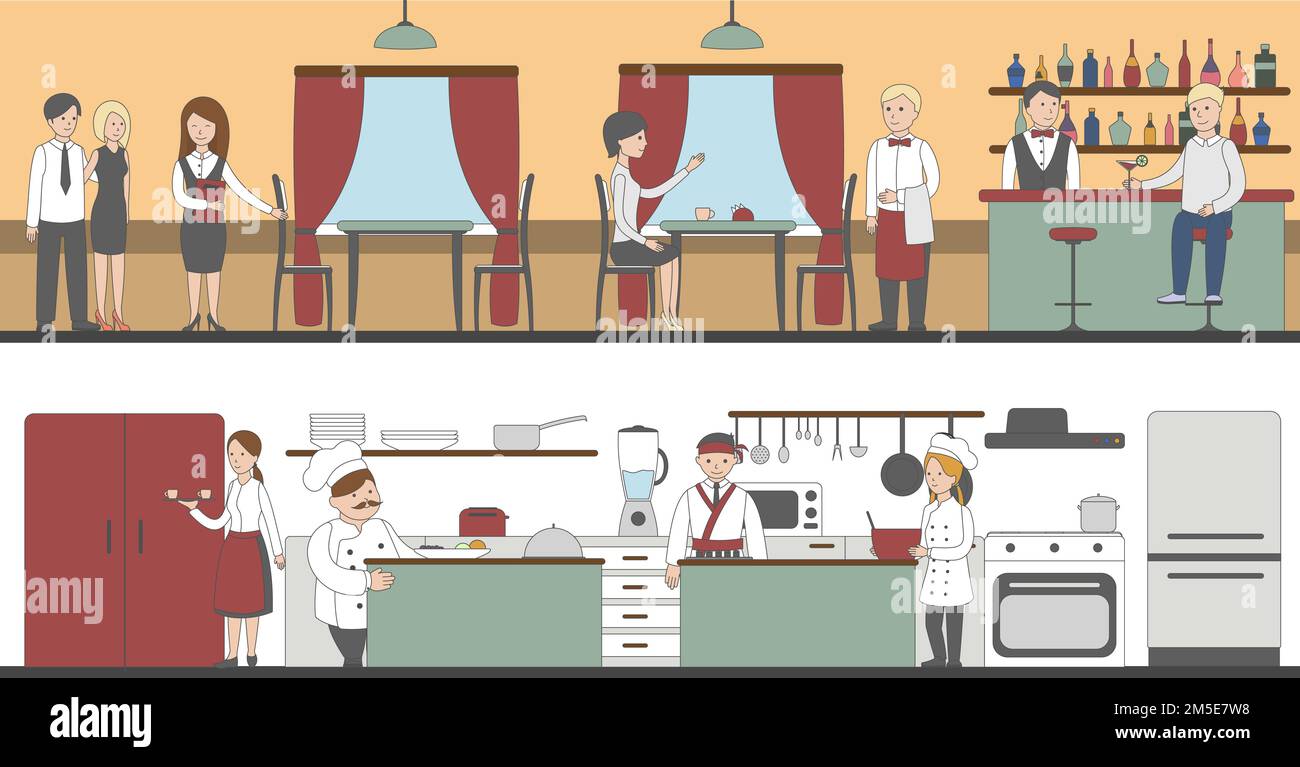 Restaurant interior set. Beautiful design with tables, waitstuff and ...