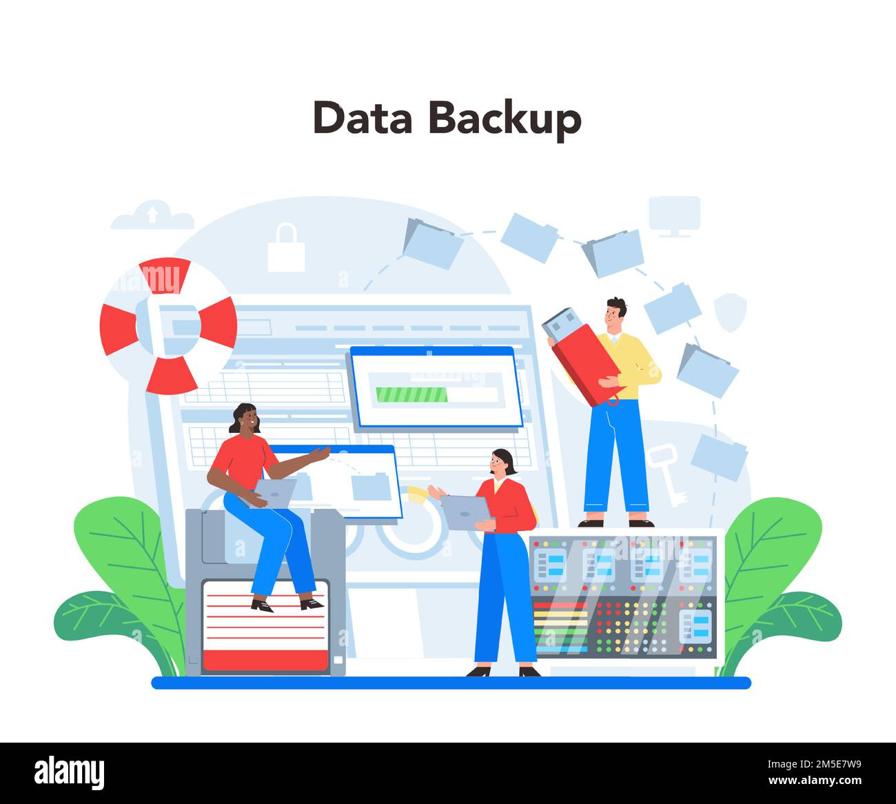 Data base administrator concept. Admin or manager working at data center. Data backup, modern ...