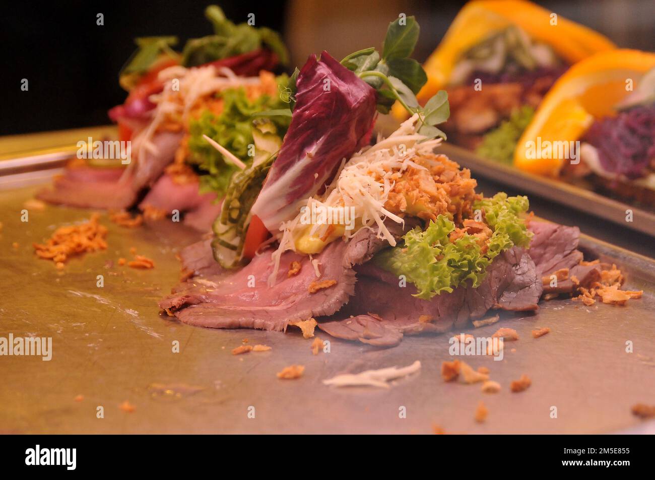 Copenhagen/Denmark/27 December 2022/Cold open sandwich roast beef ...