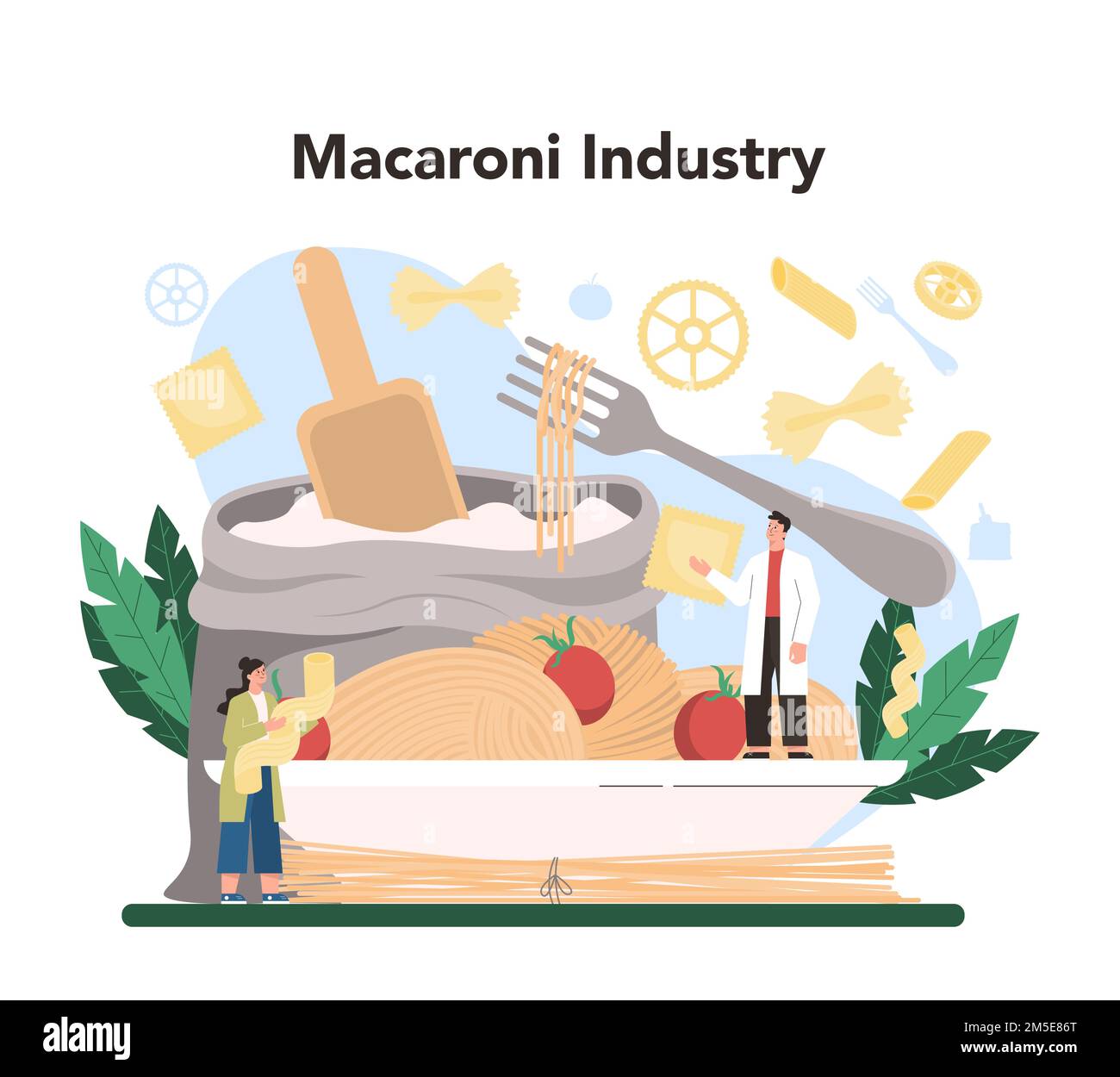 Spaghetti or pasta production industry. Italian semi-processed food manufacturing, Macaroni ...