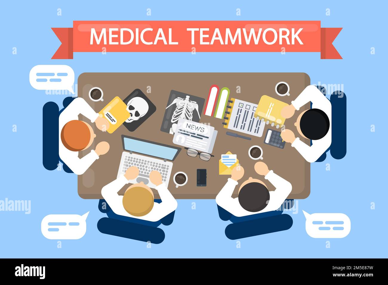 Medical teamwork illustration. Top view of desk with doctors and ...
