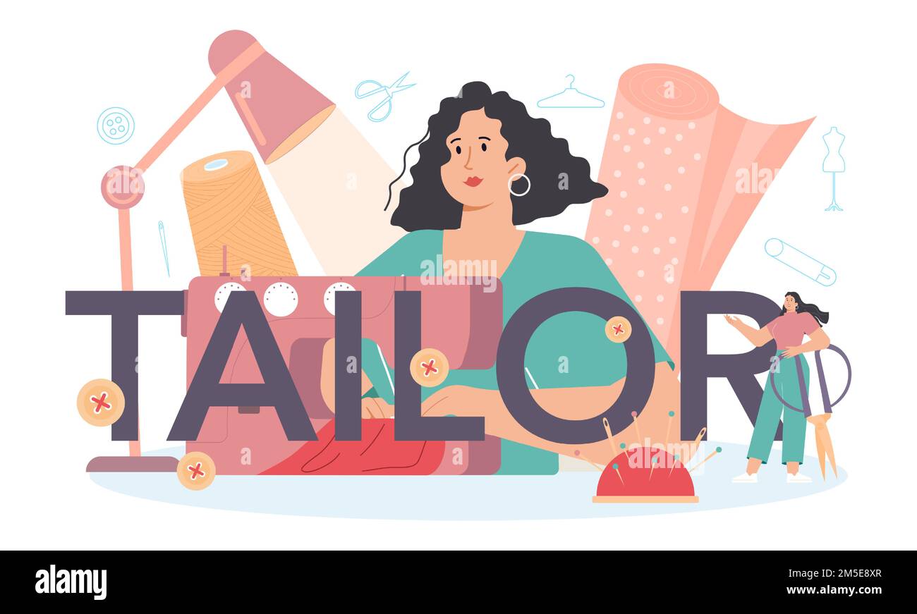Tailor typographic header. Fashion designer sewing or fitting clothes ...