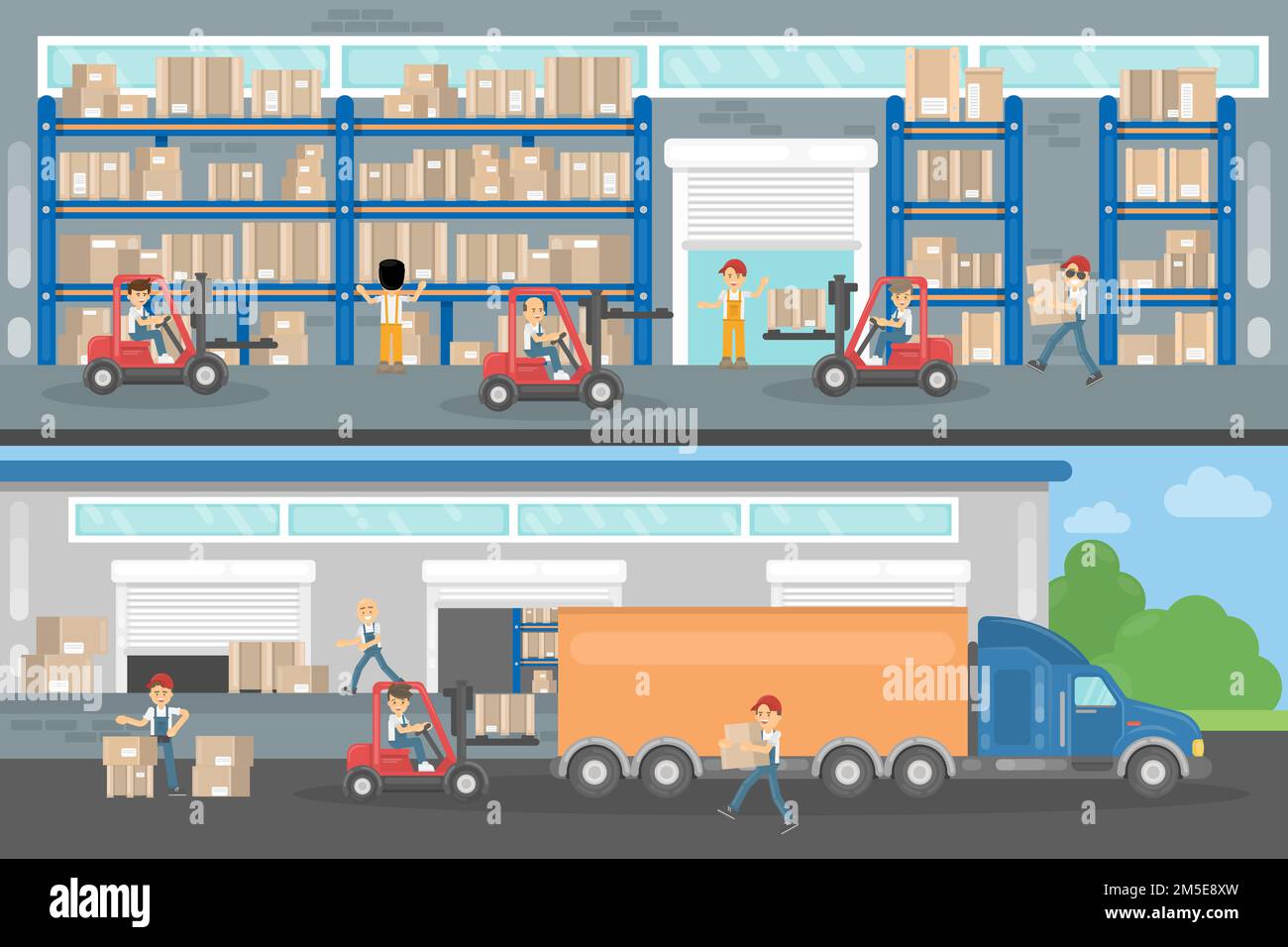 Transport company interior. Warehouse or factory workers and equipment ...