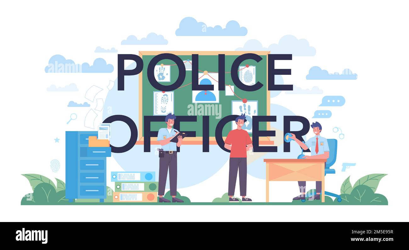 Police officer typographic header. Detective making investigation and ...