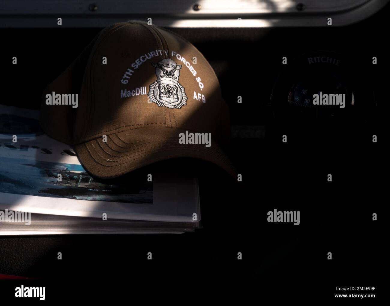 A 6th Security Forces Squadron marine patrolman’s hat is shown on a ...