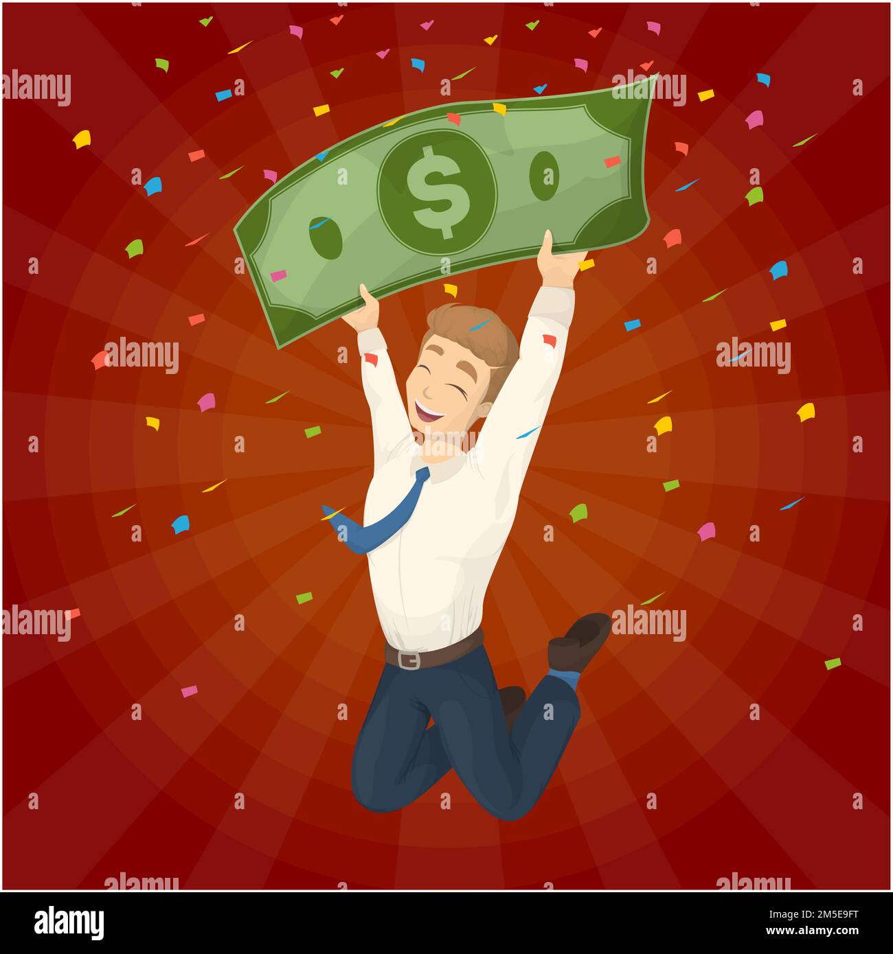 Winning the lottery. Man with big dollar banknote. Happy jumping man ...