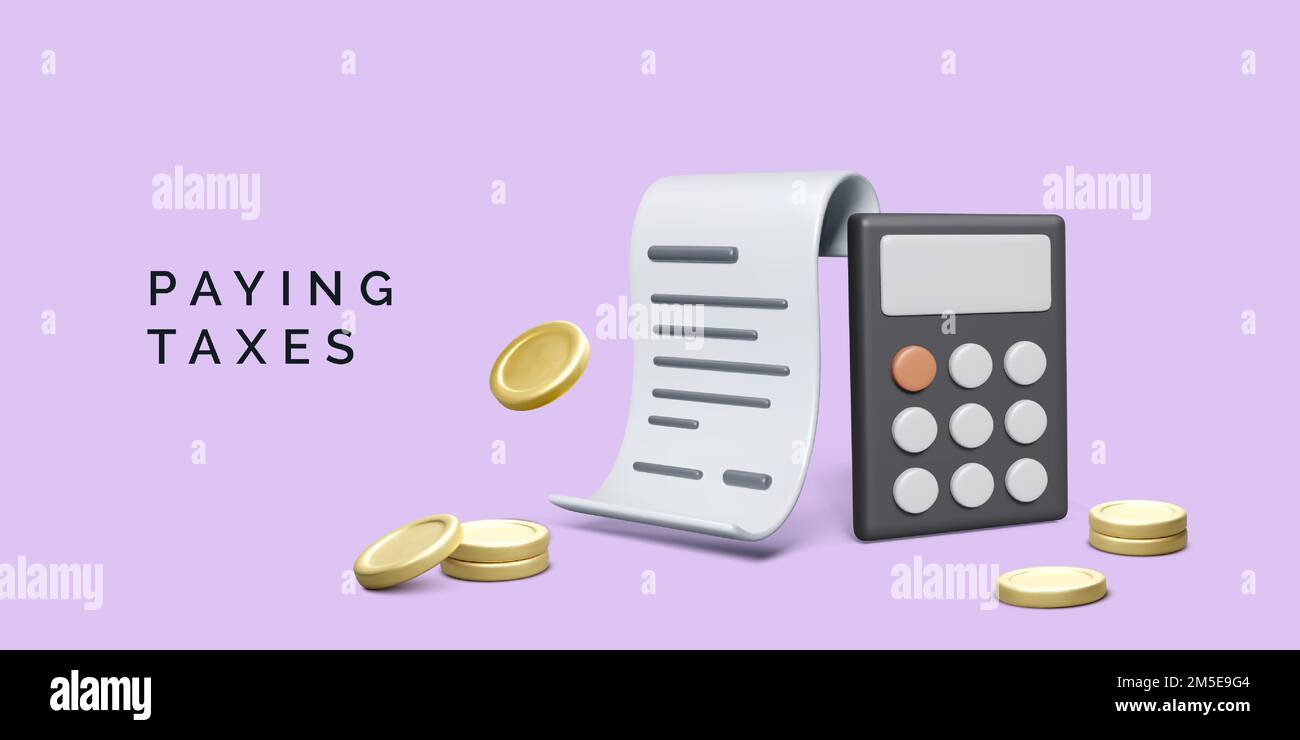 Calculator with receipt and gold coins in 3D realistic style. Paying ...