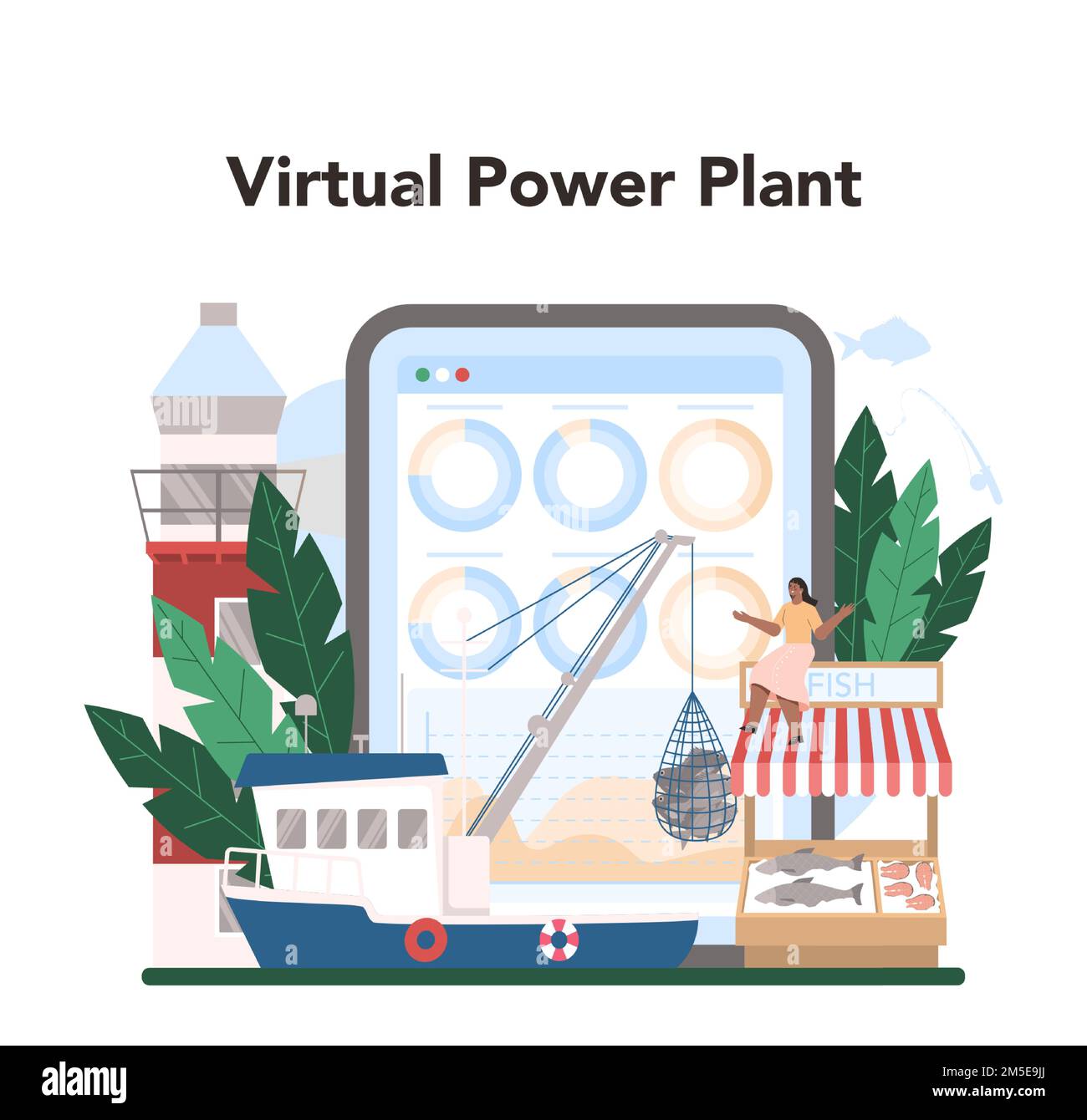 Industrial fishing online service or platform. Capture fisheries, seafood production and farming ...