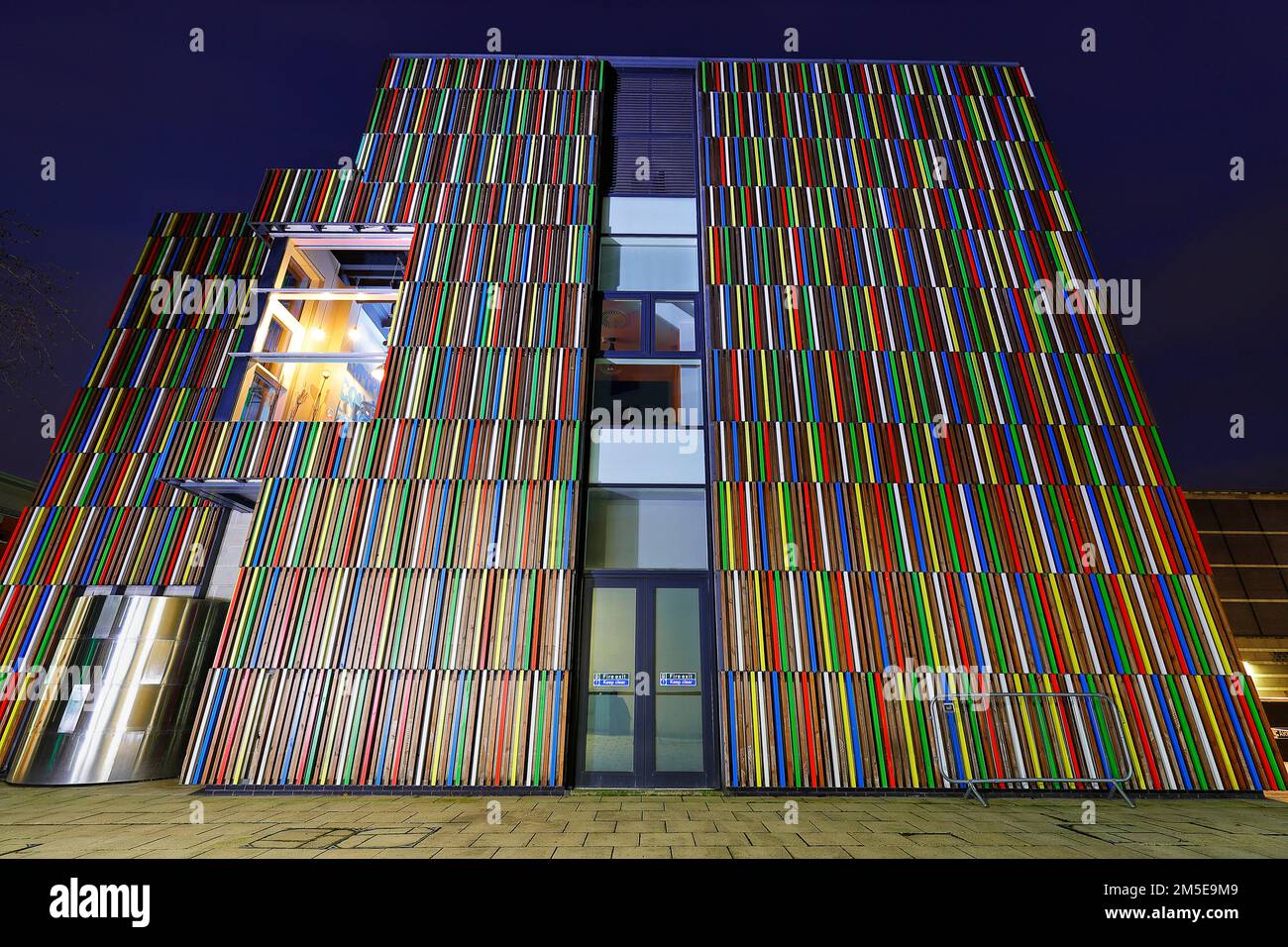 Coloured stripey cladded building at Leeds Dock in West Yorkshire,UK ...