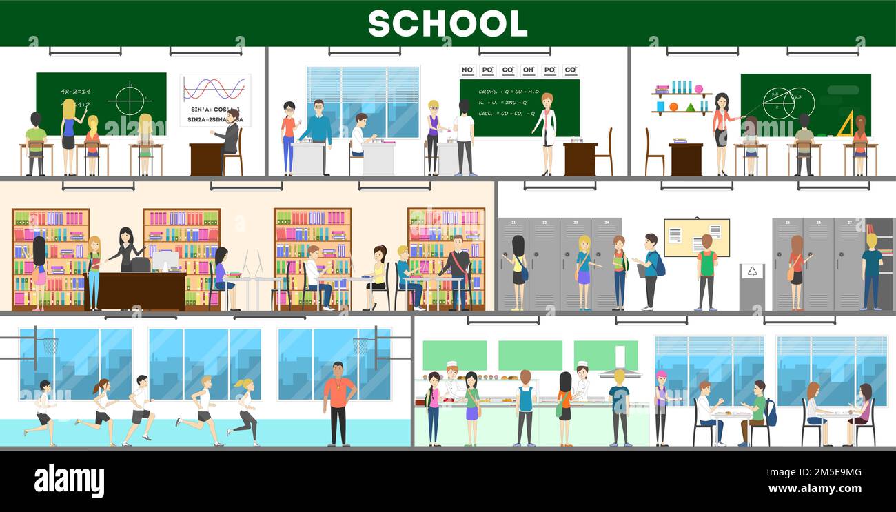 School interior set. Maths and chemistry, library and campus Stock ...