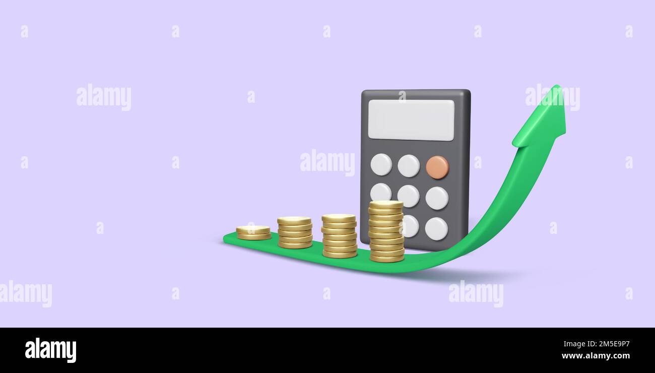 Gold coin stacks growth with green arrow and calculator 3D render. Investment and increase ...