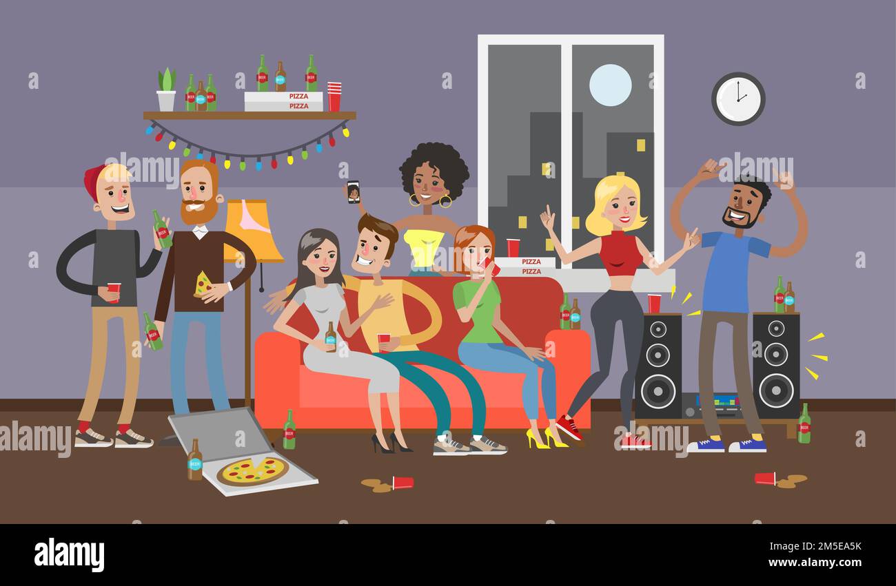 Party at home. people dancing, talking and having fun. Pizza and beer ...