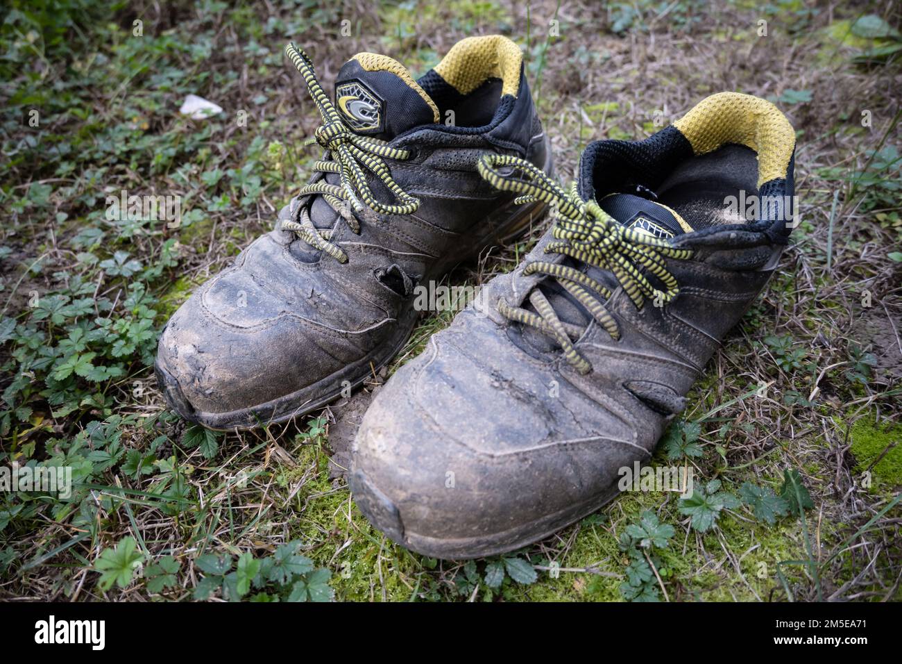 Old safety work shoes worn out by hard work in the fields Stock Photo ...