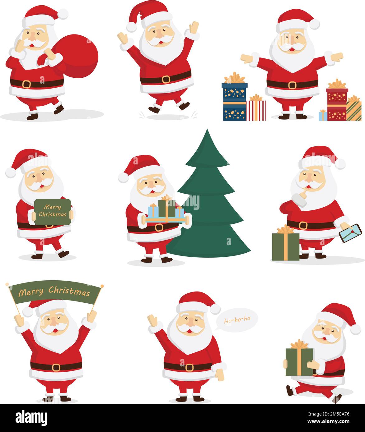 Santa Claus set. Happy smiling Santa with gifts, christmas tree and ...