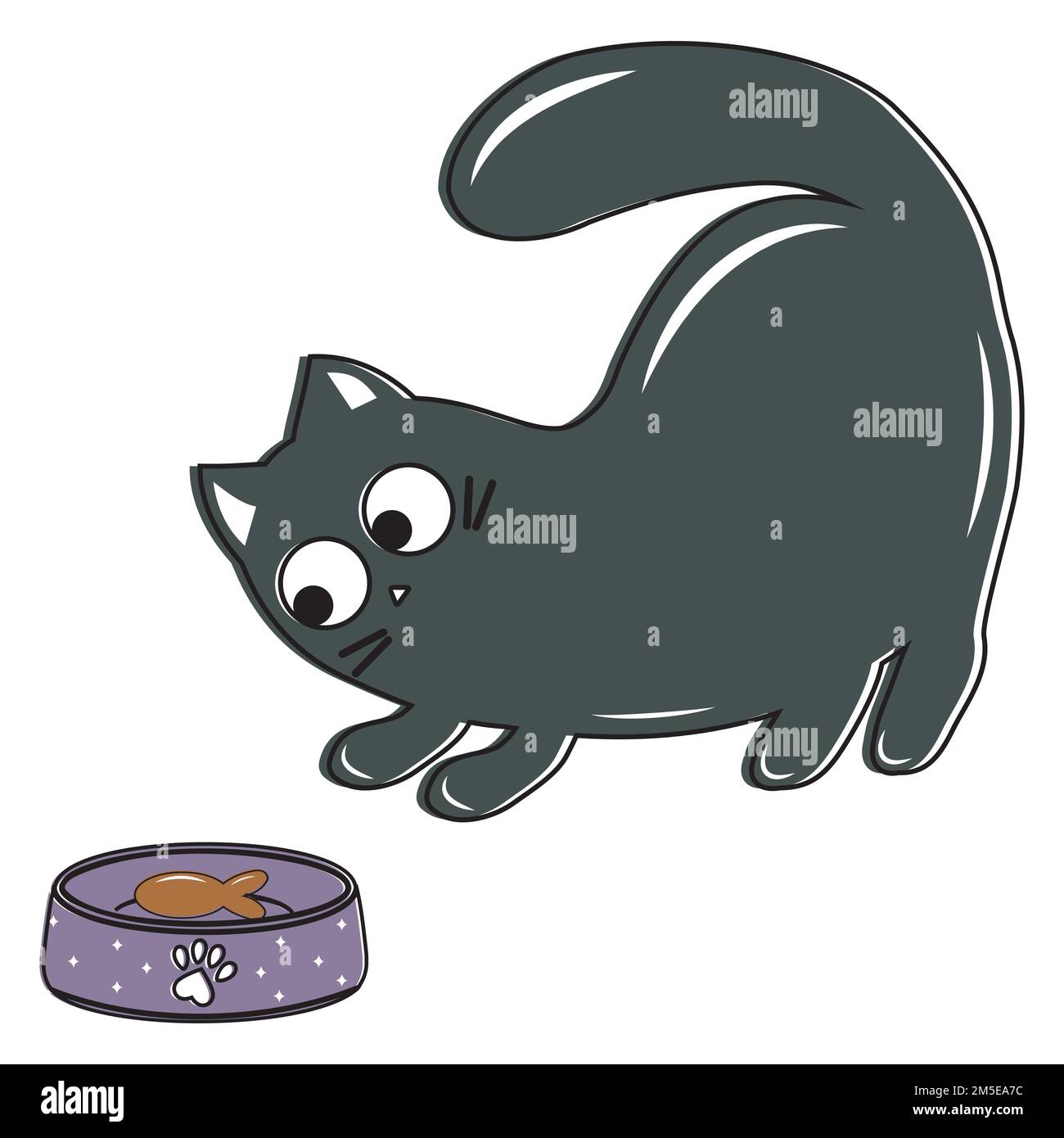 Cute cat with a bowl of food, color vector illustration in doodle style ...