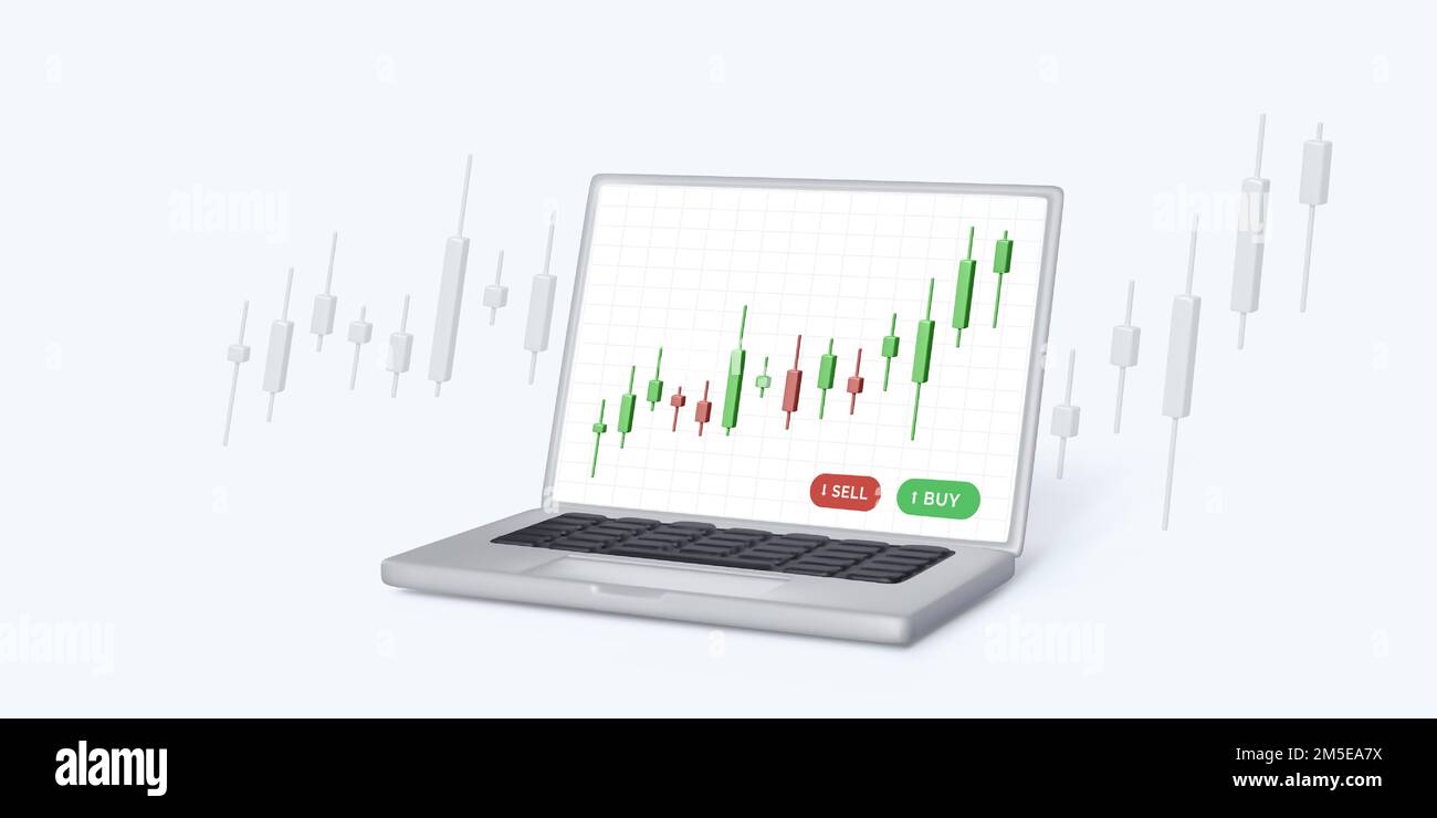 Laptop trading chart on screen in 3D cartoon realistic style. Candle ...