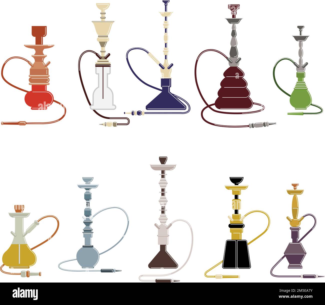 Isolated hookahs set on white background. Oriental smoking objects with ...