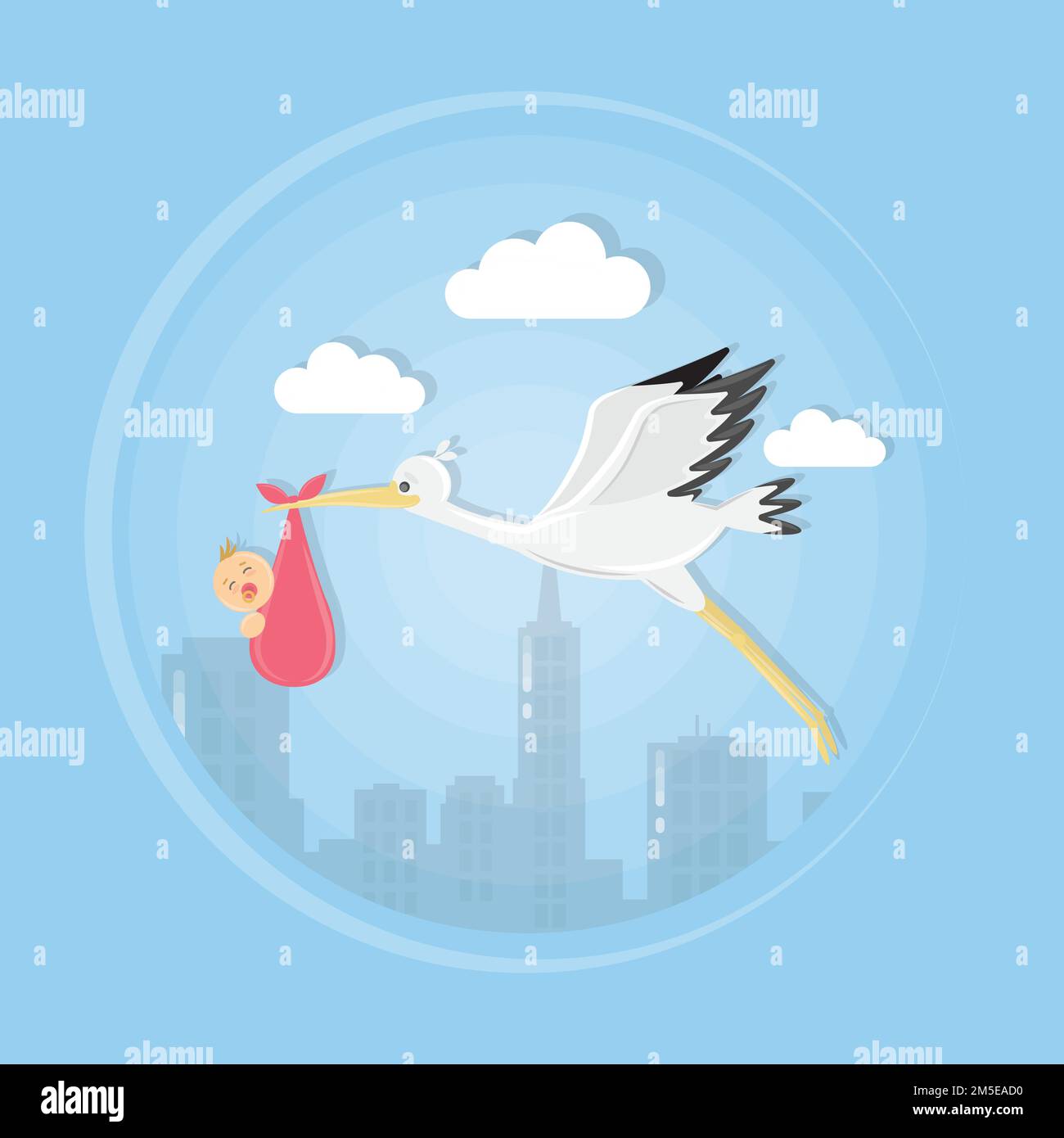 Stork with baby girl. Beautiful flying bird with pink baby girl Stock ...