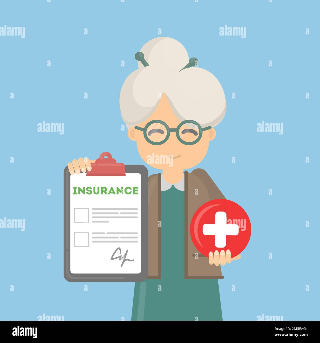 Old woman shows insurance. Senior lady holds healthcare sign of red ...