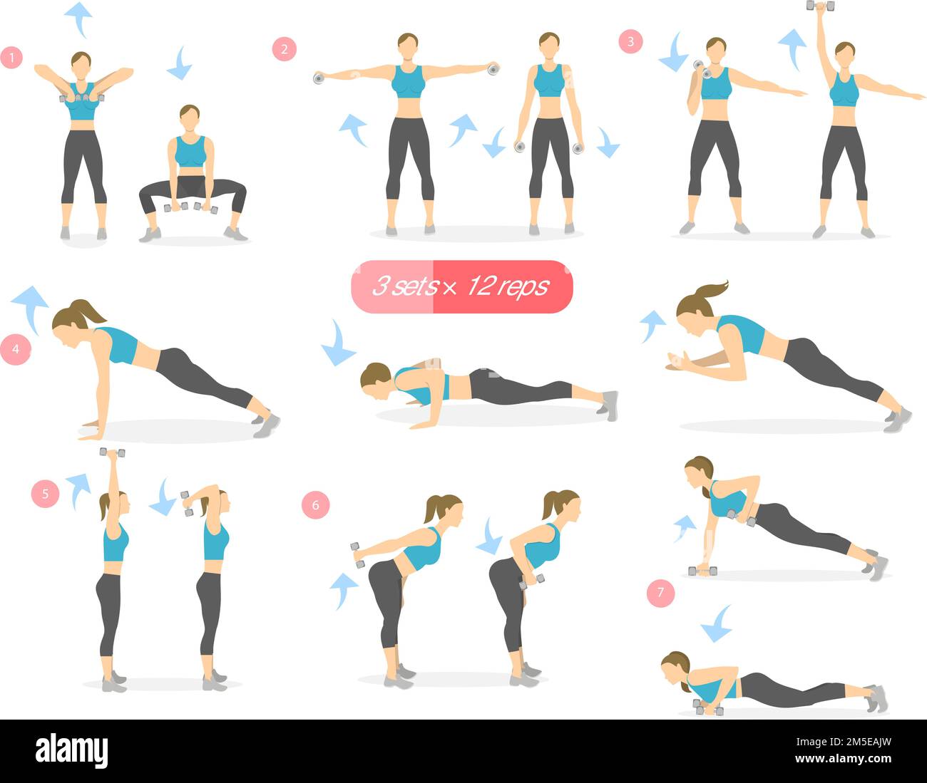 Arms workout set on white. Woman in sport outfit doing exercises in gym ...