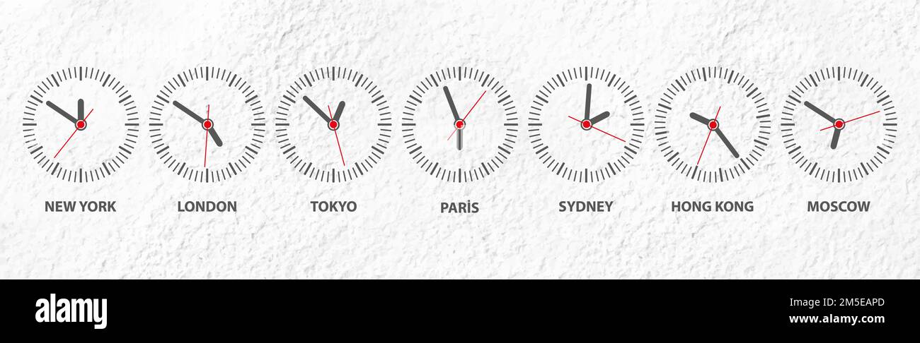 wall background with round city clocks Stock Vector Image & Art - Alamy