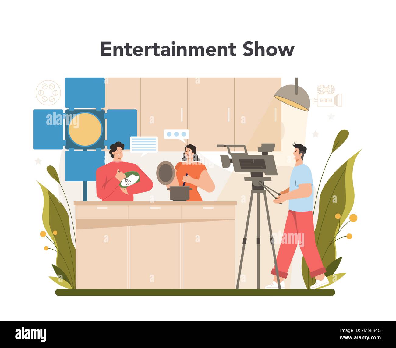 TV presenter concept. Television host in a studio doing an entertaining ...