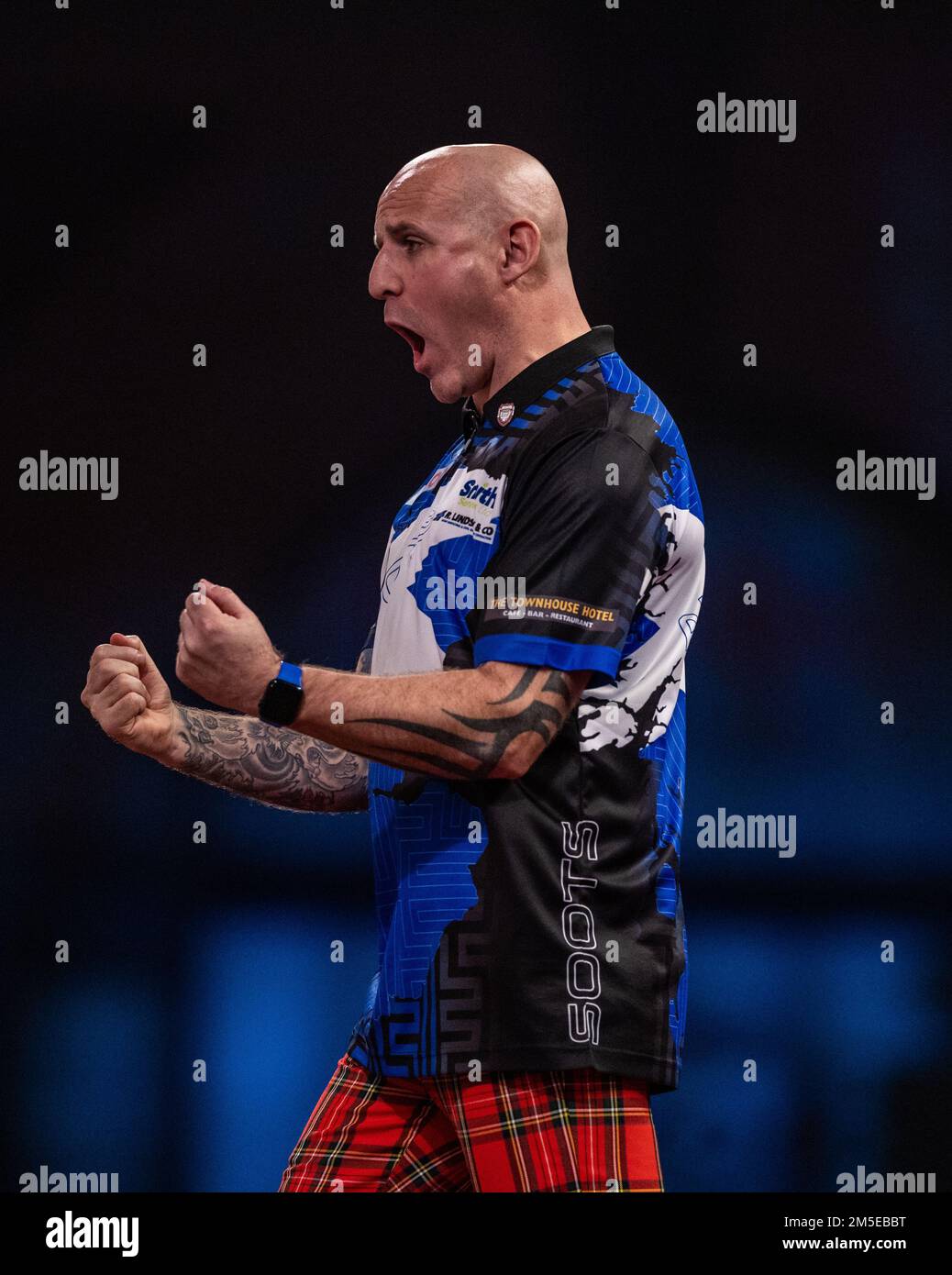 Alan Soutar reacting during day eleven of the Cazoo World Darts ...