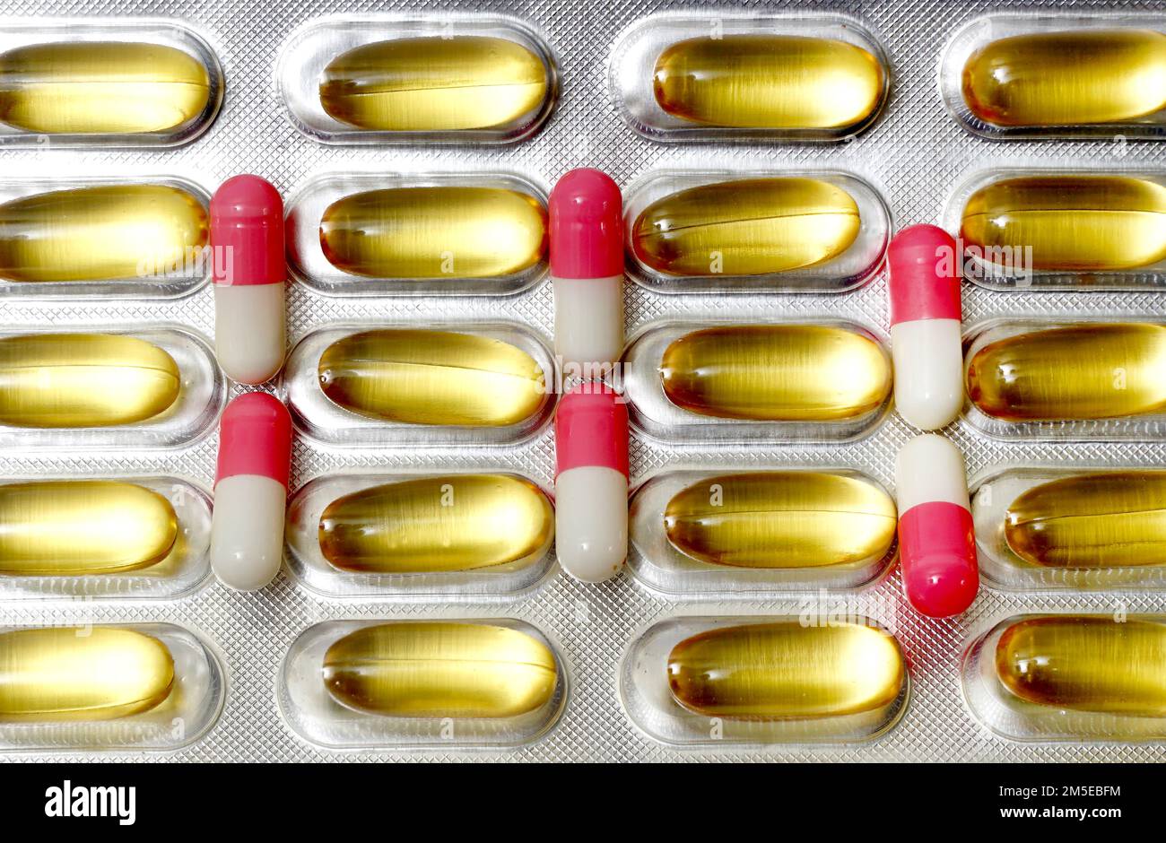 Omega 3 capsules package in blister. Top view fish oil capsules and ...