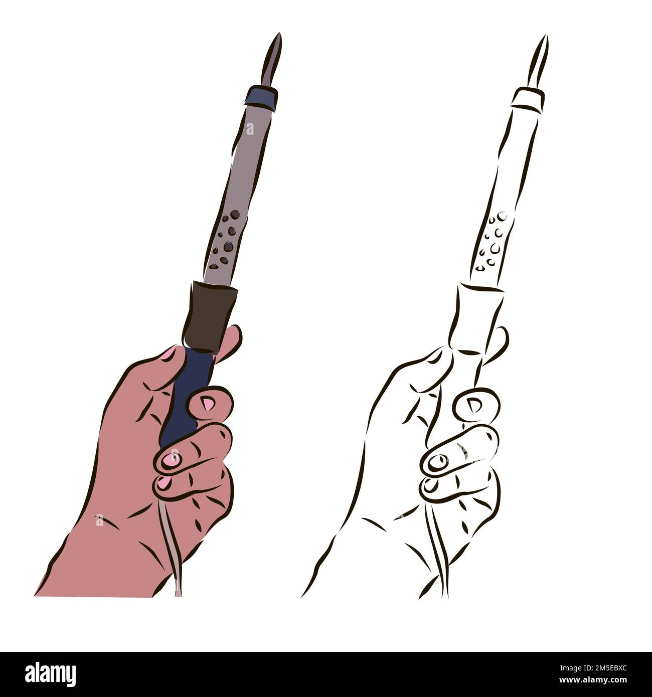 The hand holds a soldering iron for soldering chips. The concept of ...