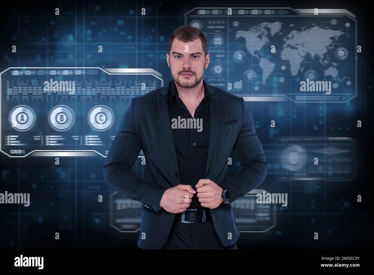 Business man in futuristic office. Global corporate concept. Success ...