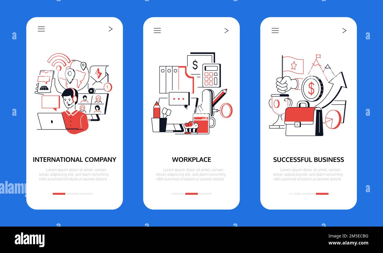 International company and workplace - line design style banners set ...