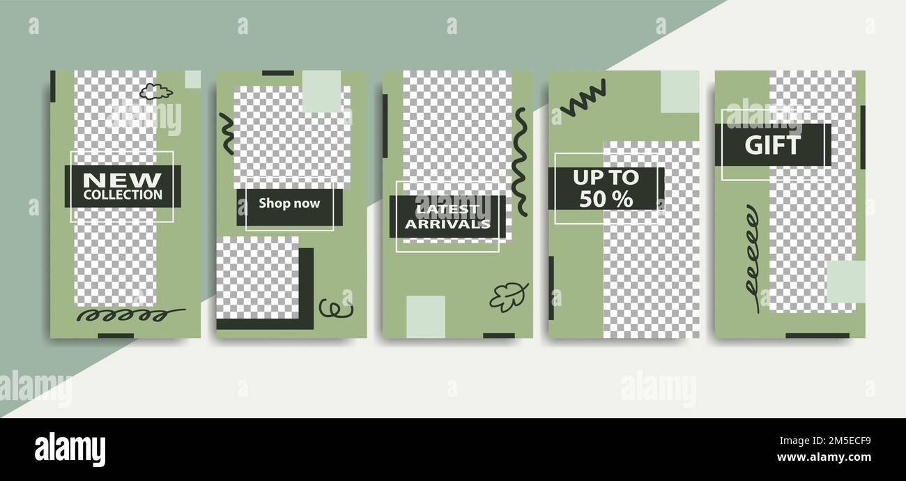 A set of editable minimal square banners. Green background color ...