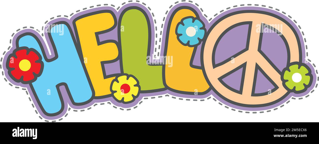 Hello lettering in floral hippie style. Bright color patch Stock Vector ...