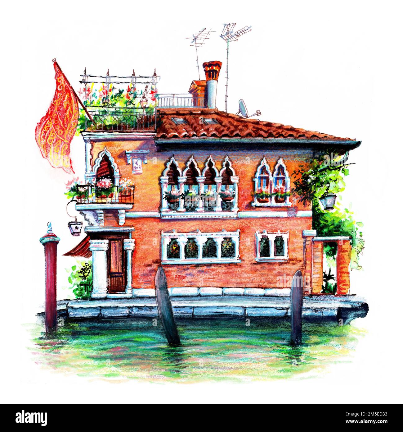 Watercolor sketch of Typical Venetian house on canal in Dorsoduro ...