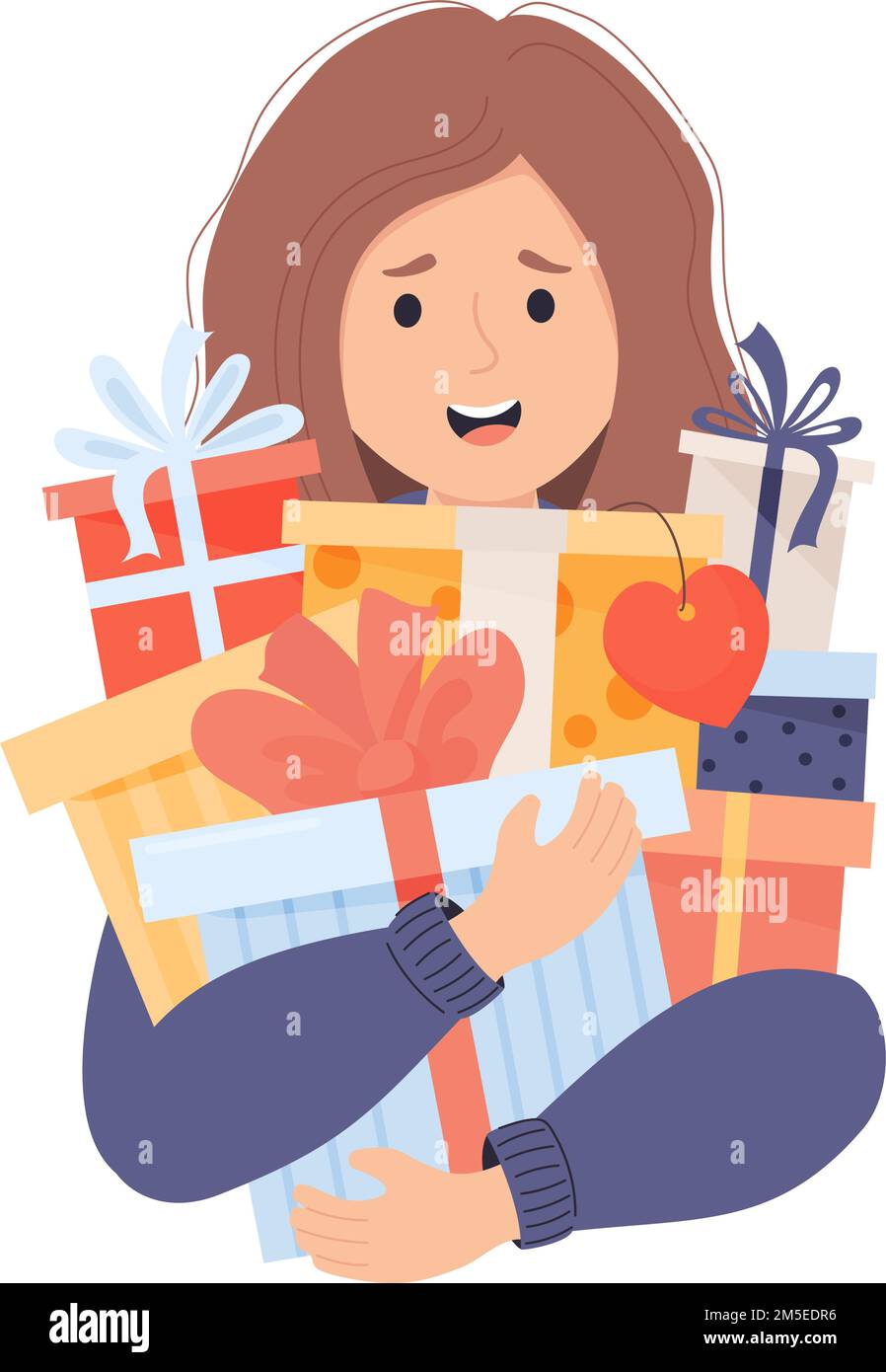 Happy woman holds many gifts and boxes with bows in her hands. Vector ...