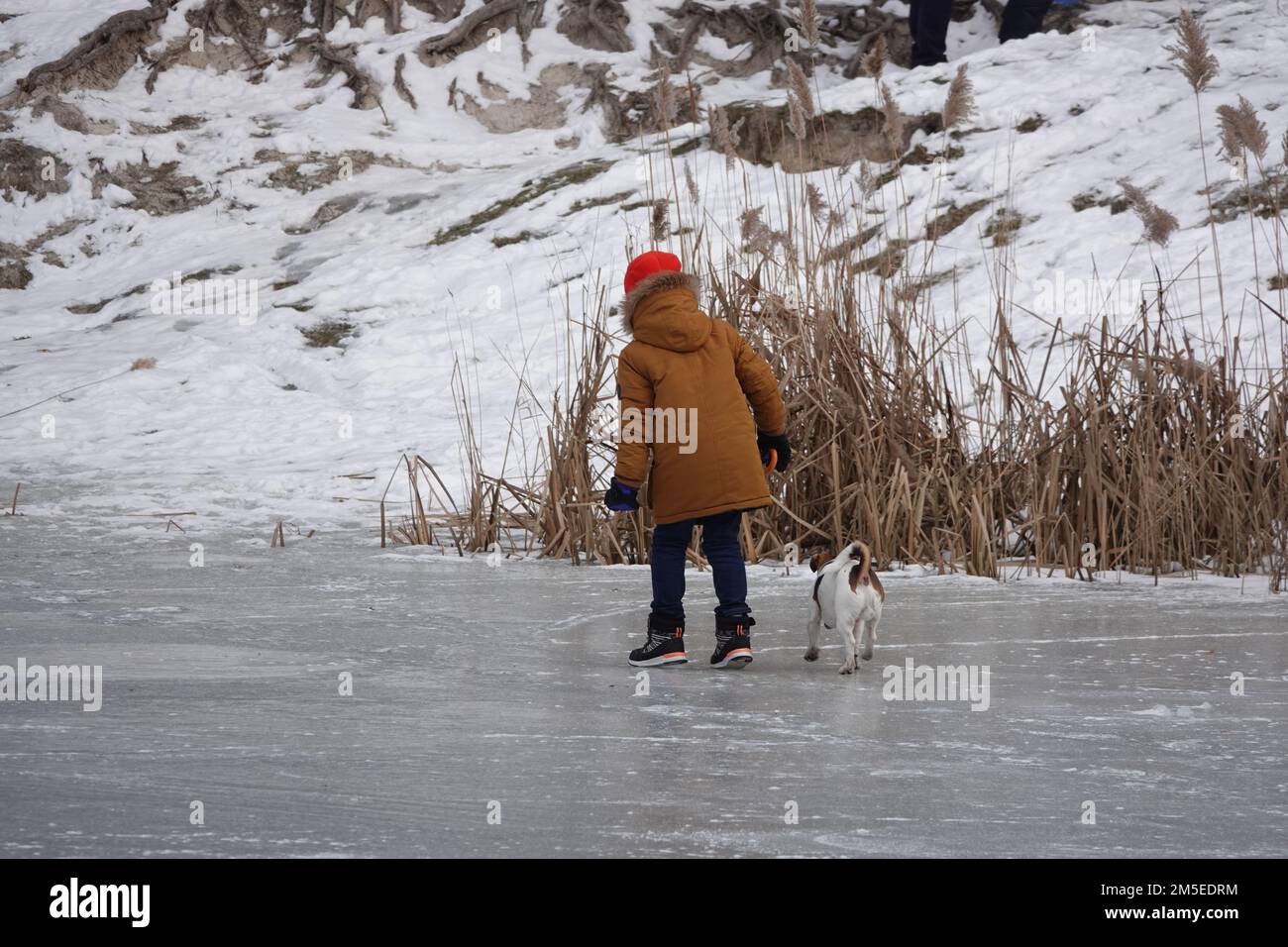 Kiev, Ukraine February 6, 2021: Children walk on the ice of a frozen ...