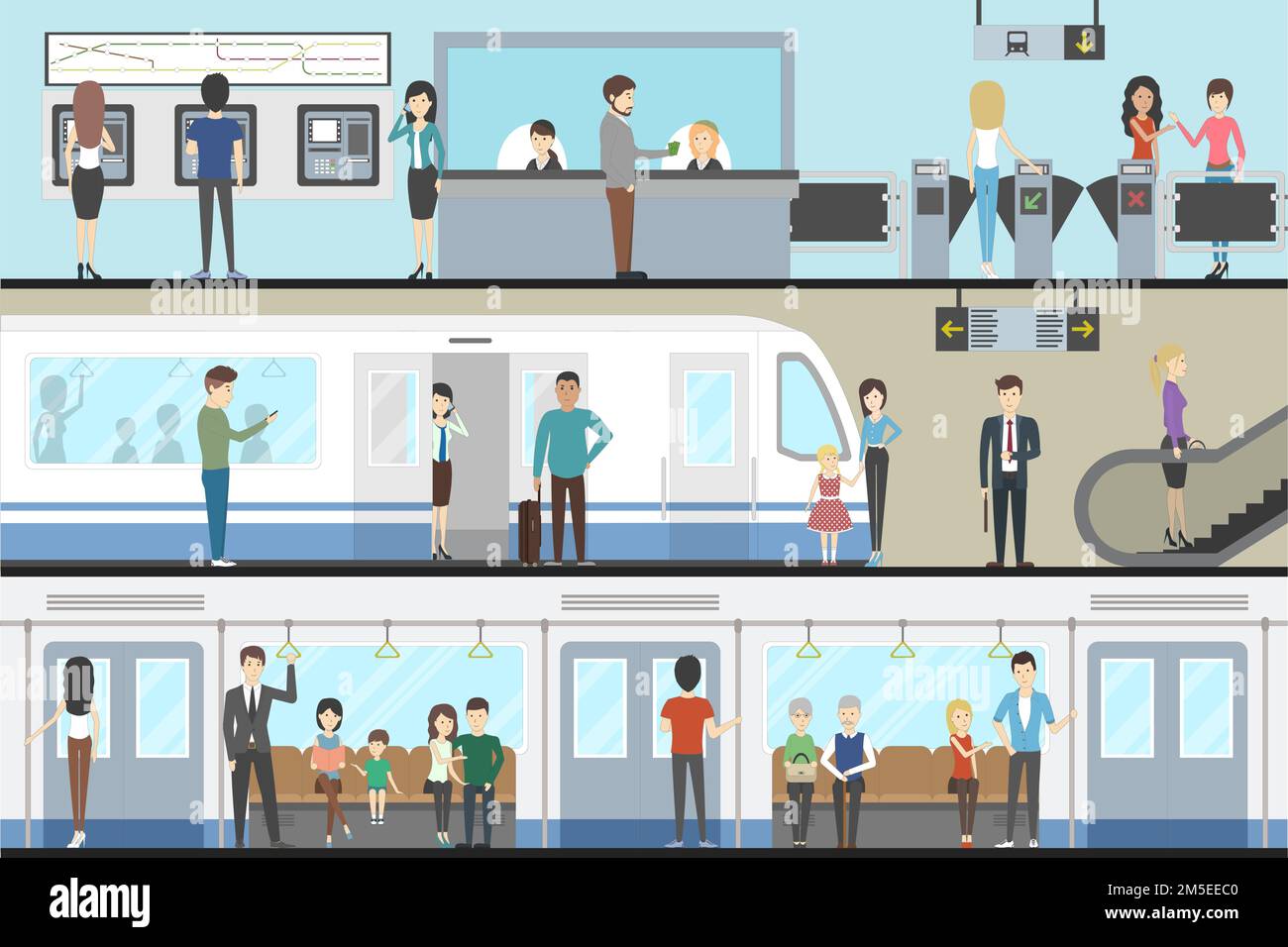 Subway interior set with train, enter and inside the railway Stock ...