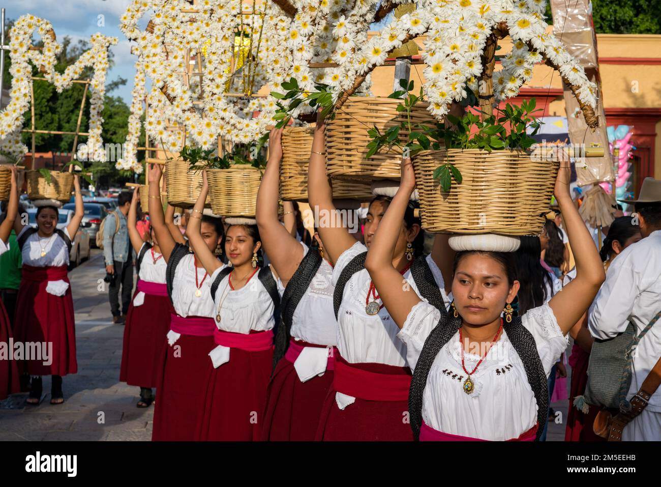Canastera dancers from Tlacolula in traditional dress with flower ...