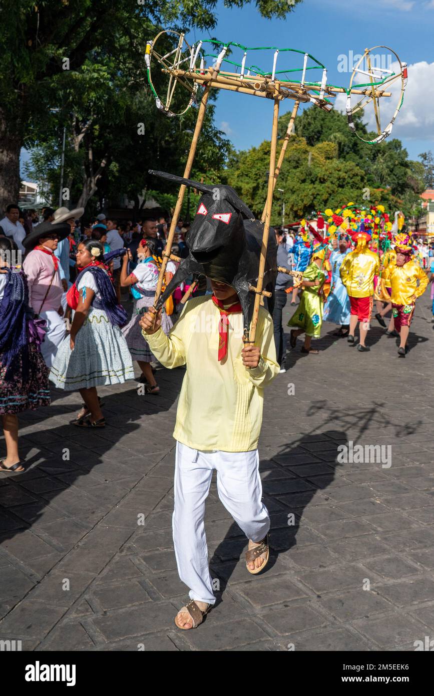 A dancer from San Pablo Huixtepec carries a fireworks castillo in the ...