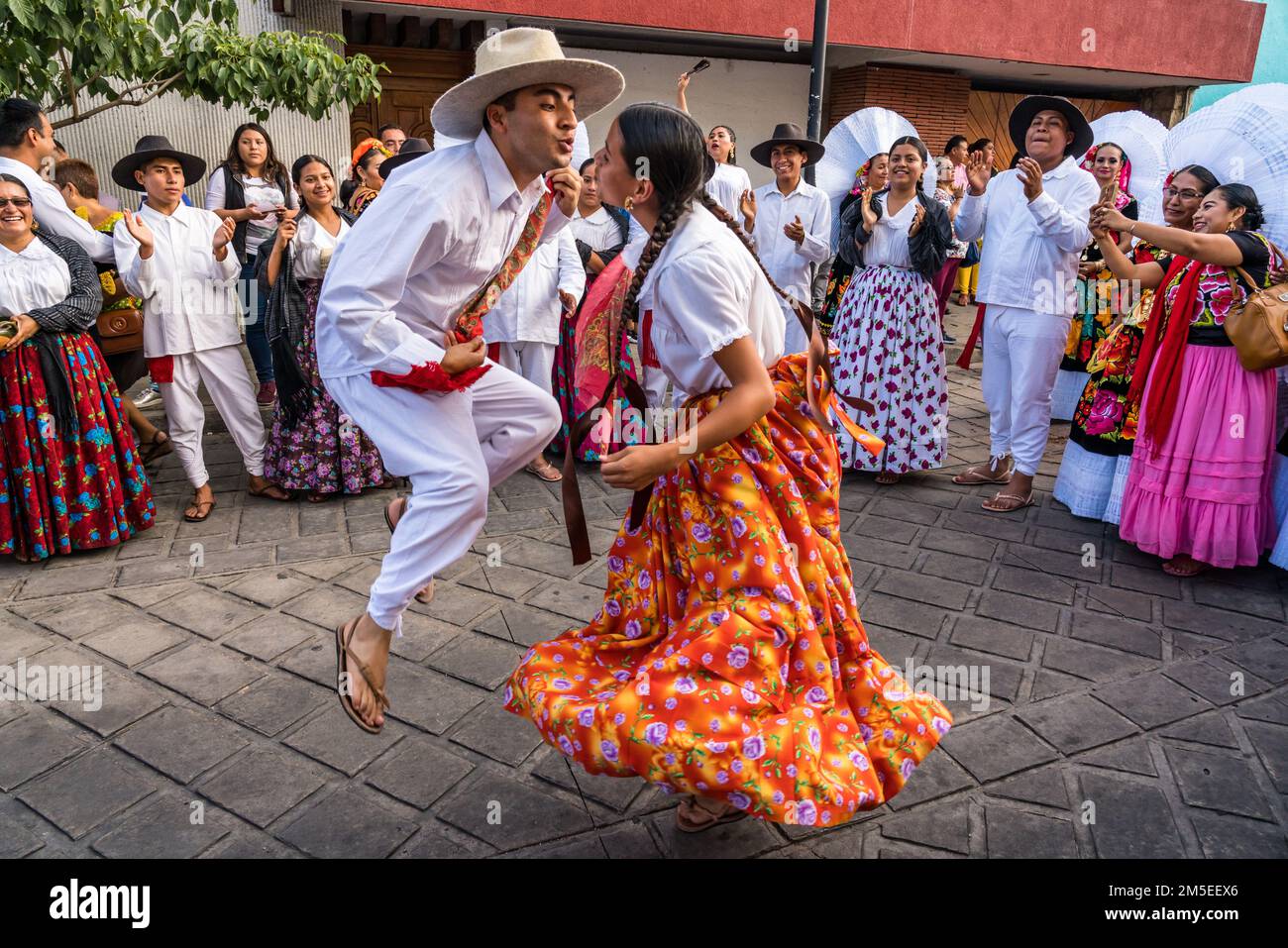 Dancers in traditional dress from Miahuatlan dance the Mixtec Jarabe at the Guelaguetza dance ...