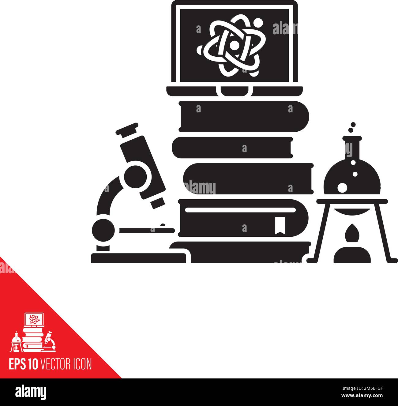 Scientific equipment, books and laptop computer vector glyph icon ...