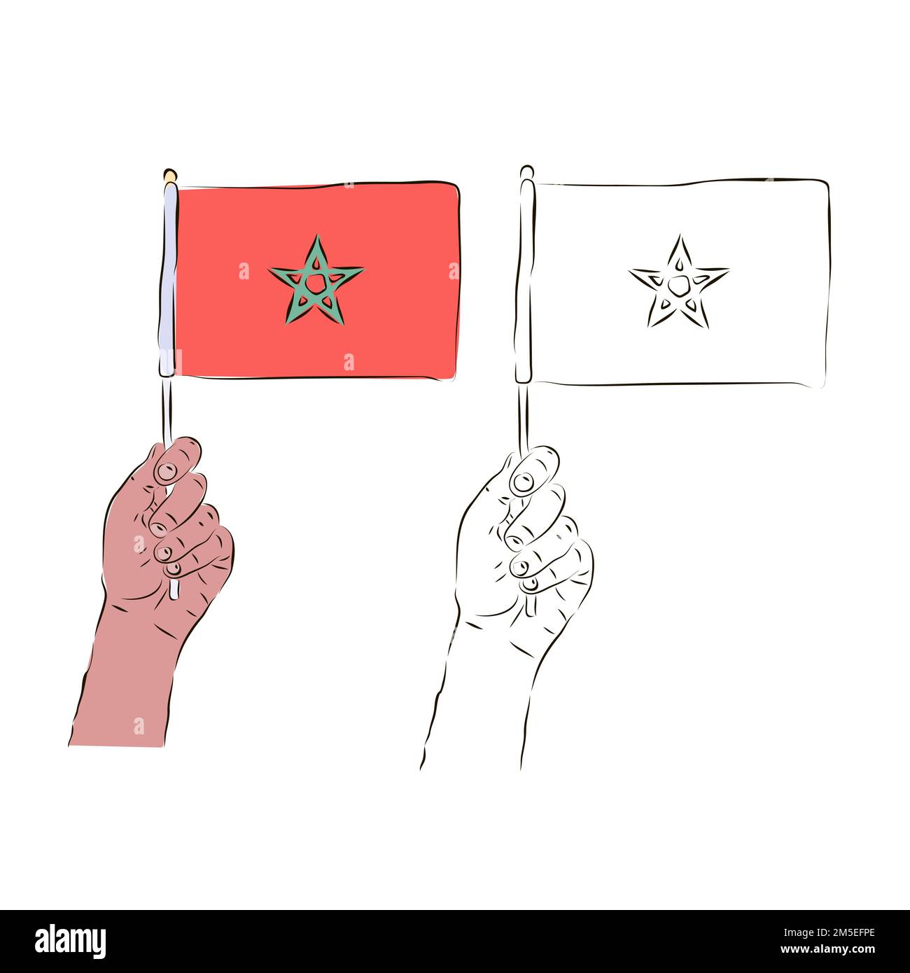 The flag of Morocco is in the hand of a man in color and black and ...