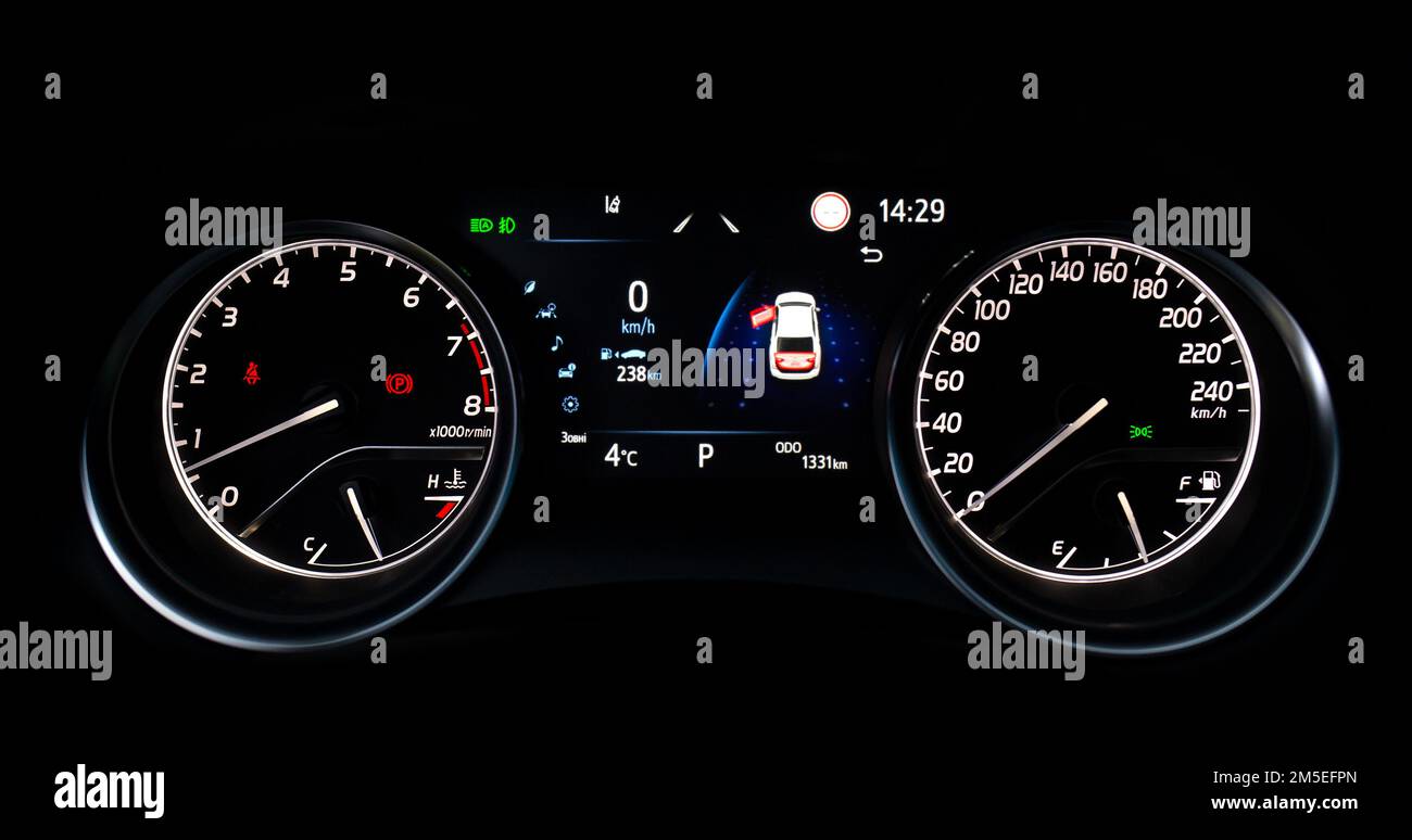 Car speedometer and sensors on a control panel background, car elements ...