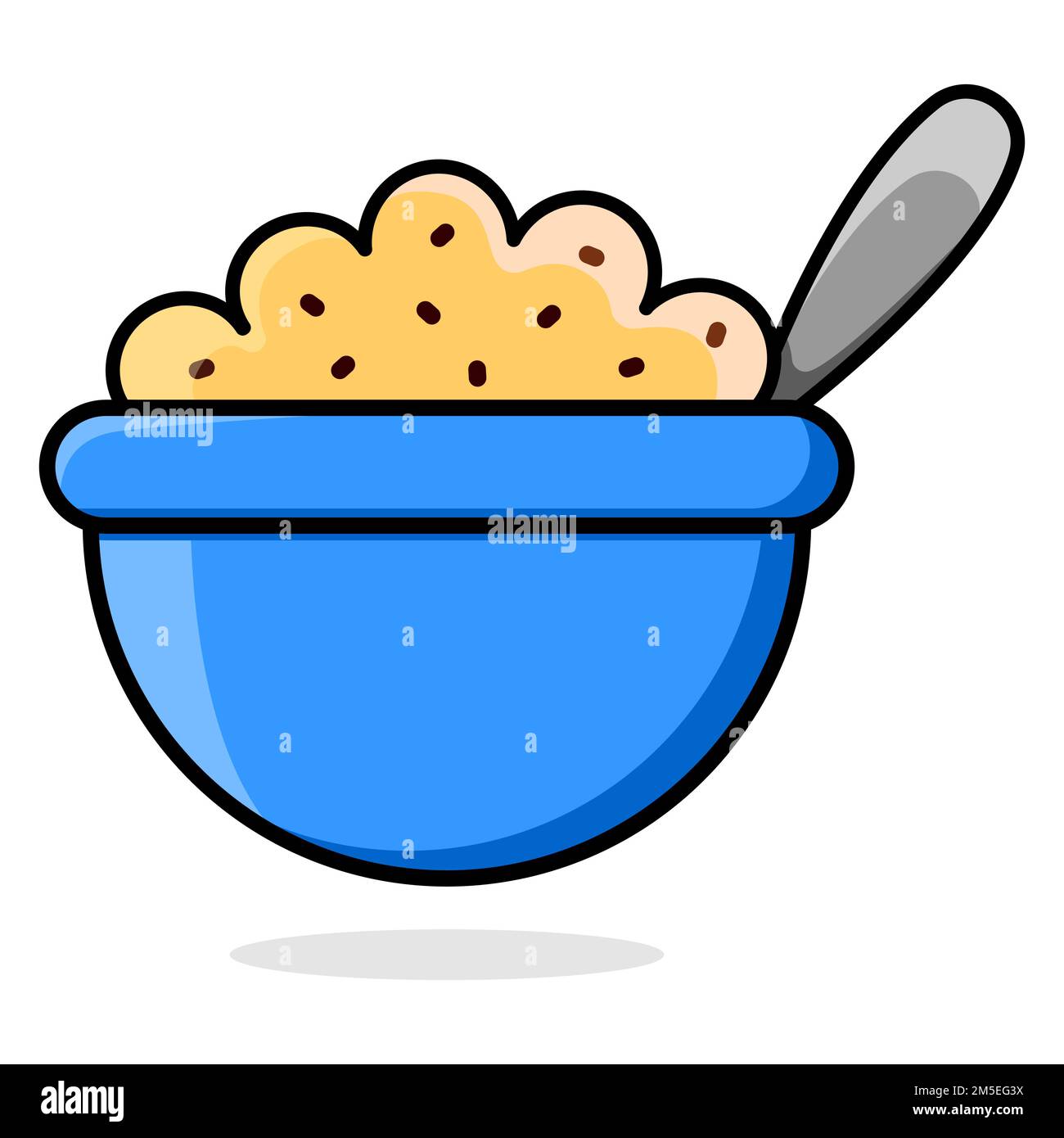 Cartoon blue plate with oatmeal. Porridge with raisins. Vector ...