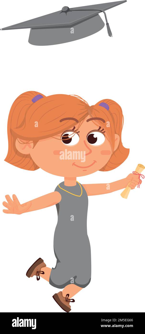 Girl student celebrating graduation. Cartoon kid with black hat Stock ...