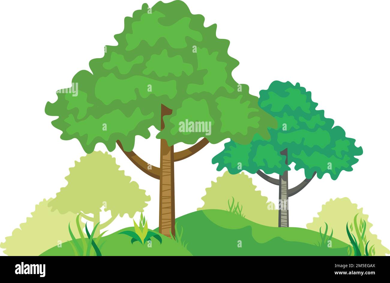 Woodland landscape. Cartoon trees growing from green ground Stock ...